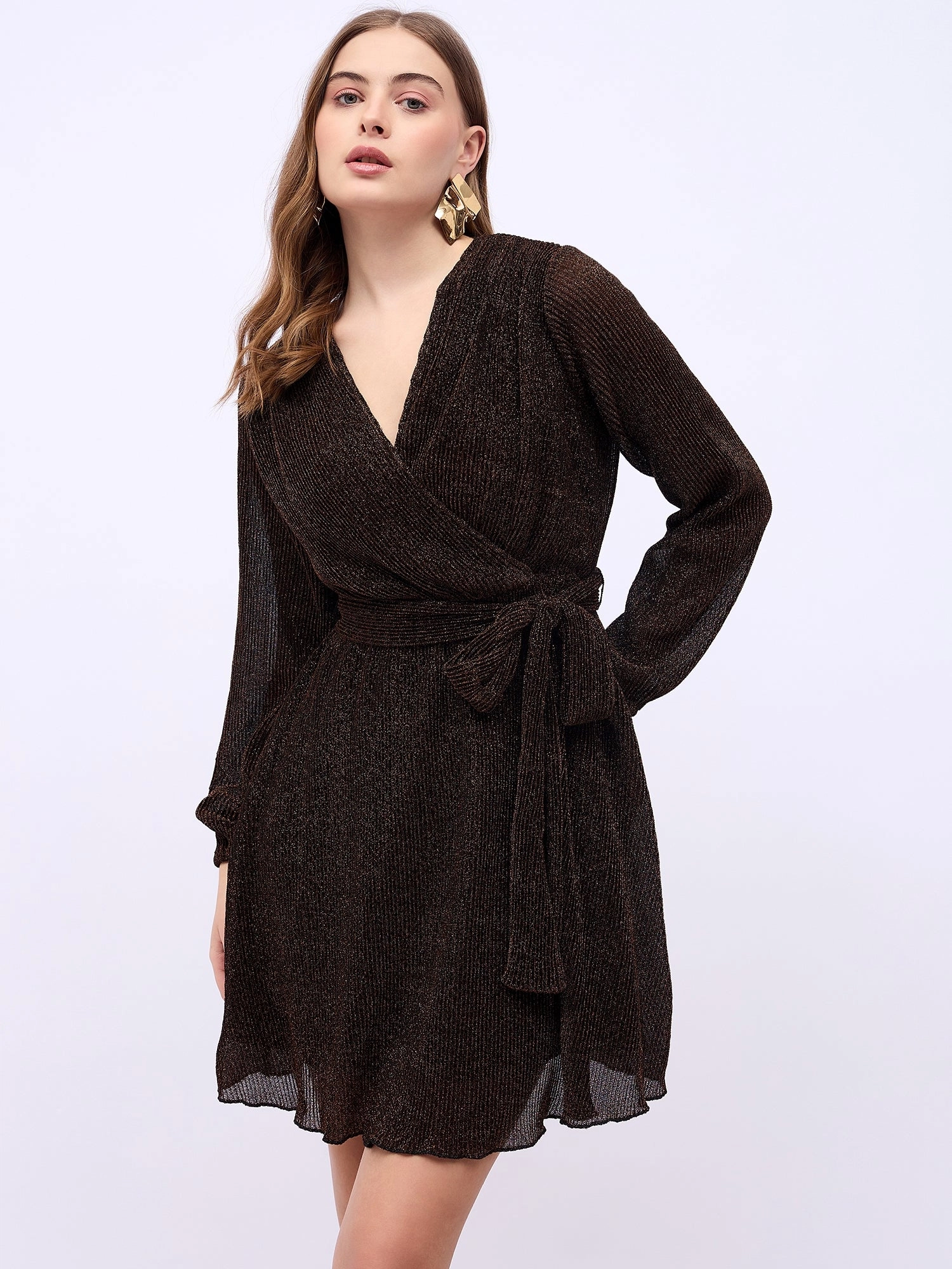 Buy - Women's Brown V-neck Wrap Mini Dress With Volume Sleeves online ...