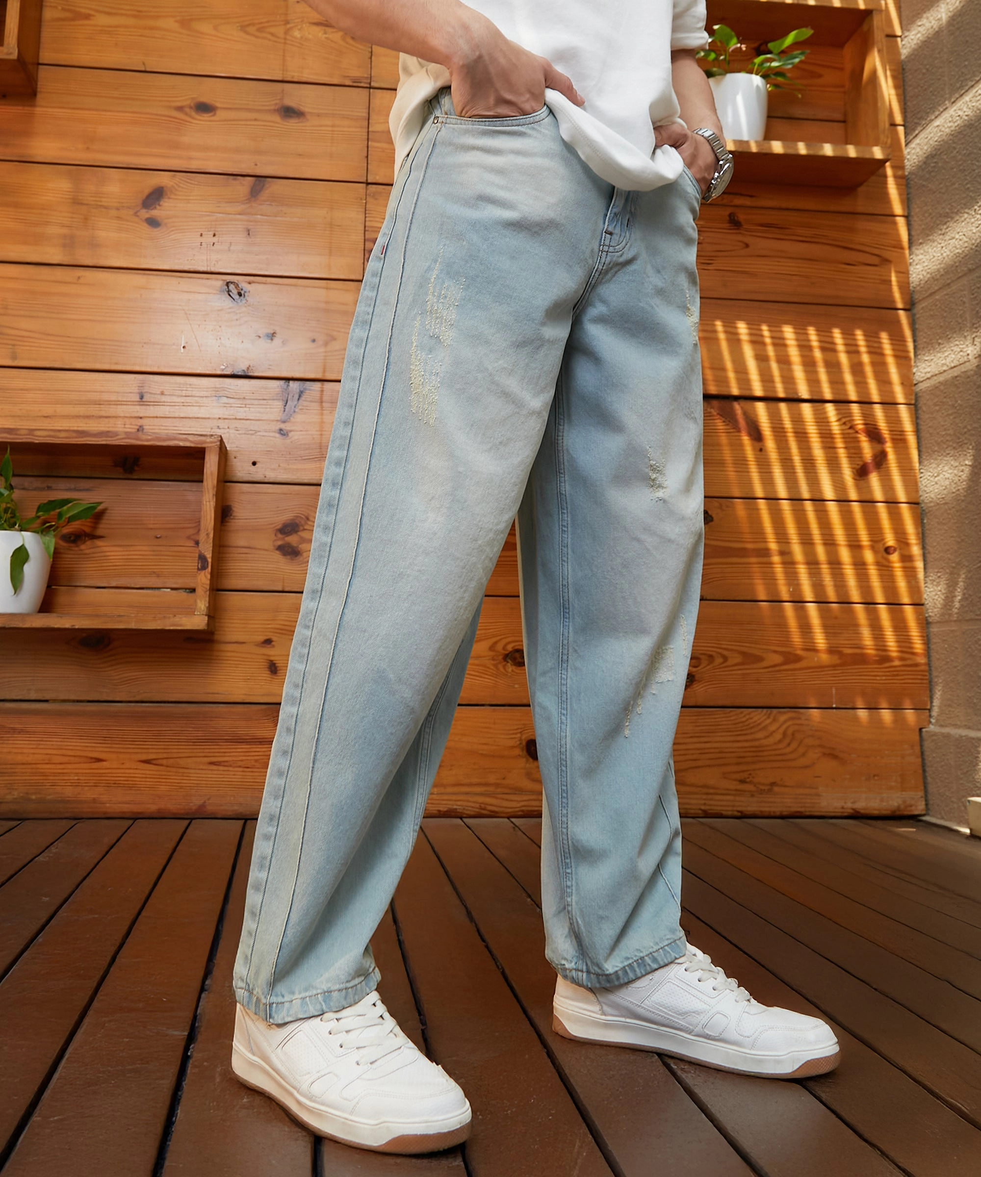 Men's Light Blue Light-Wash Baggy Denim Jeans - Zilo