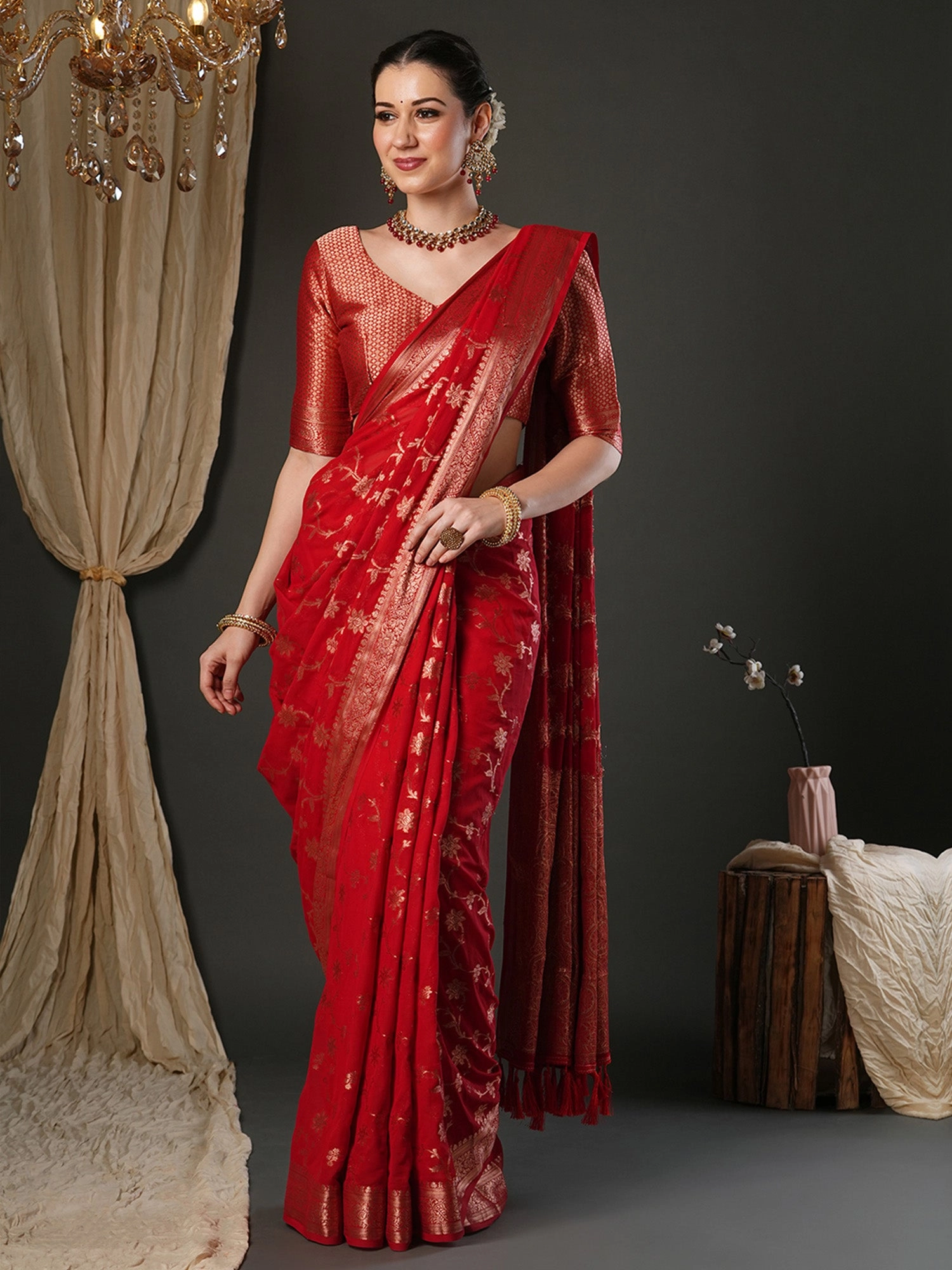 Buy - Women's Red Party Printed Regular Fit Saree online - Zilo - 60 ...