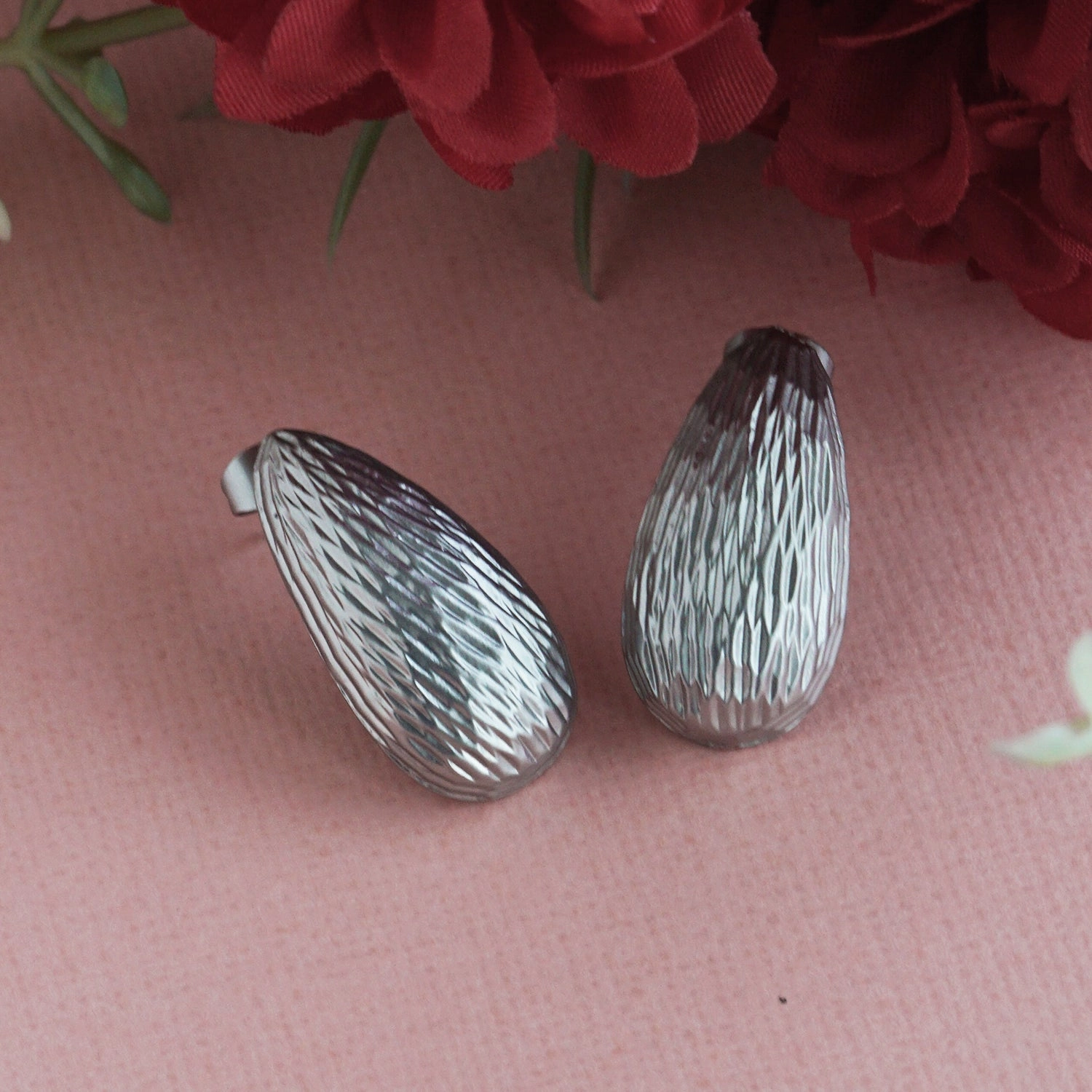 Buy - Women's Etched Silver Tear Drop Shape Metal Stud Earring online ...
